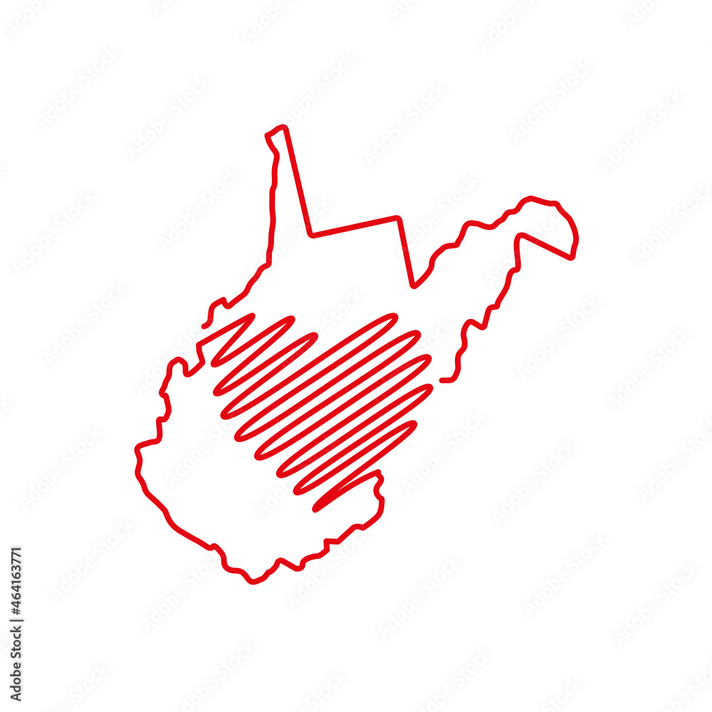 West Virginia US state red outline map with the handwritten heart shape ...