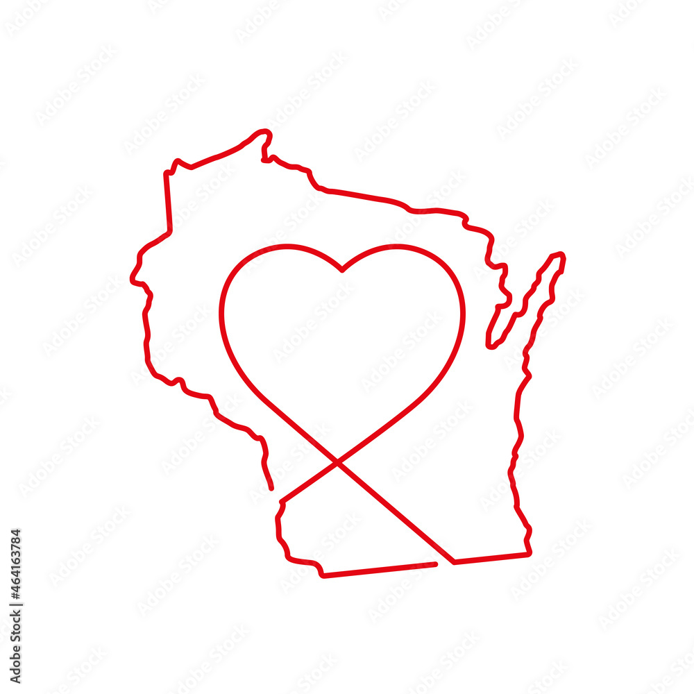 Wisconsin US state red outline map with the handwritten heart shape ...