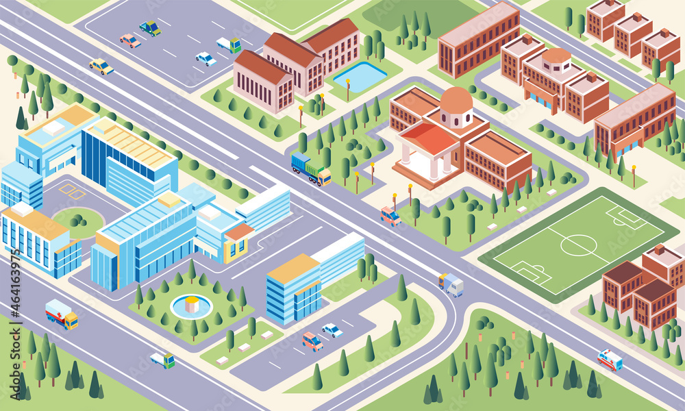 Isometric illustration of campus university environment complex, there ...