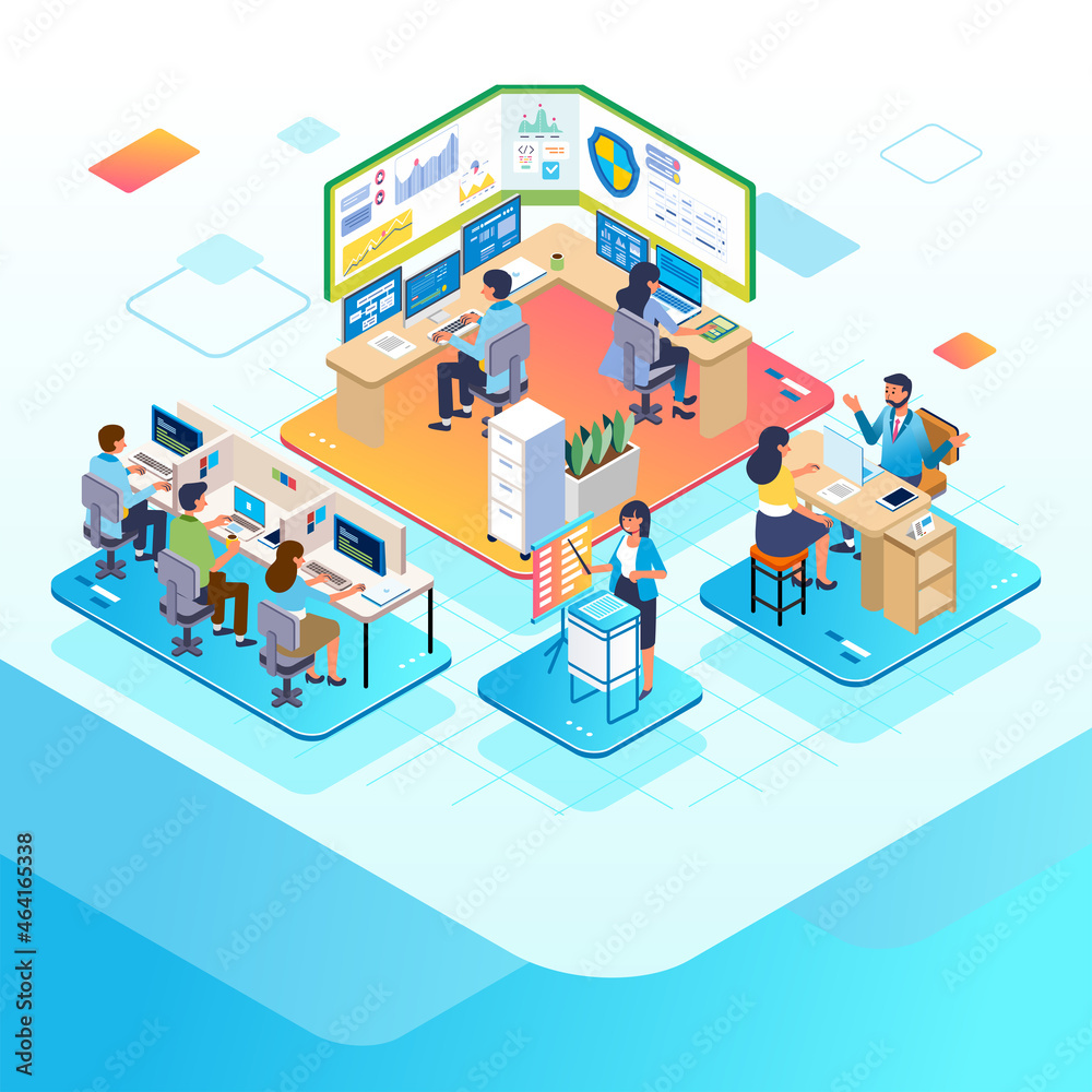 Isometric illustration of Office Activity, people working on big screen ...