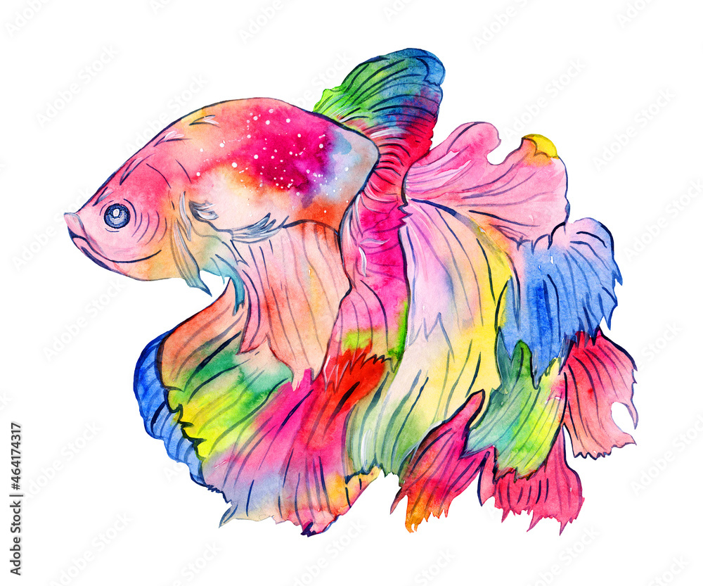 Bright multi-colored rainbow fish with a chic tail fan, space-style sea ...