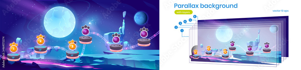Space game level map with complete stages with gold stars and alien ...