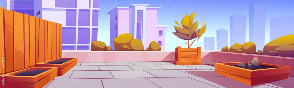 Rooftop garden, building terrace with green plants and wooden crates ...