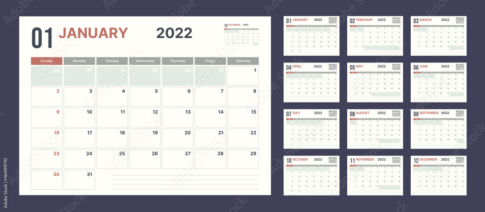2022 calendar planner set for template corporate design week start on ...