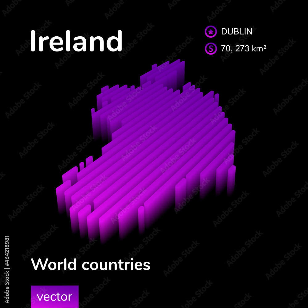 Stylized neon digital isometric striped vector Ireland map with 3d ...