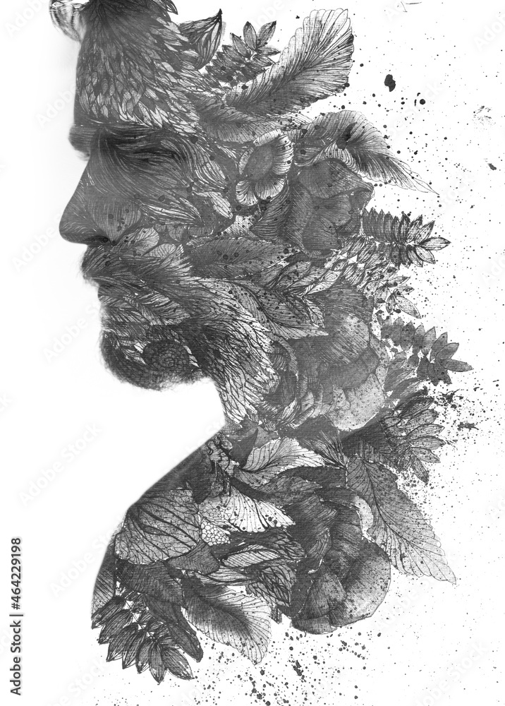 A portrait of a handsome man combined with an ink painting of the ...