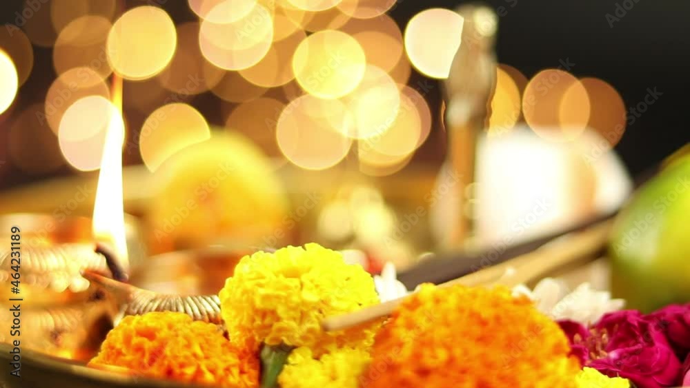 Rotating Pooja Ki Thali Decorated With Mithai, Diya, Deep, Flowers ...