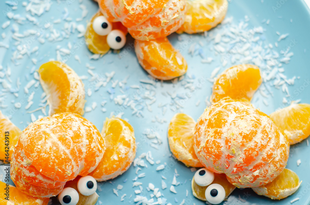 Fruit turtles, a snack made of fresh parts of mandarins served in the ...