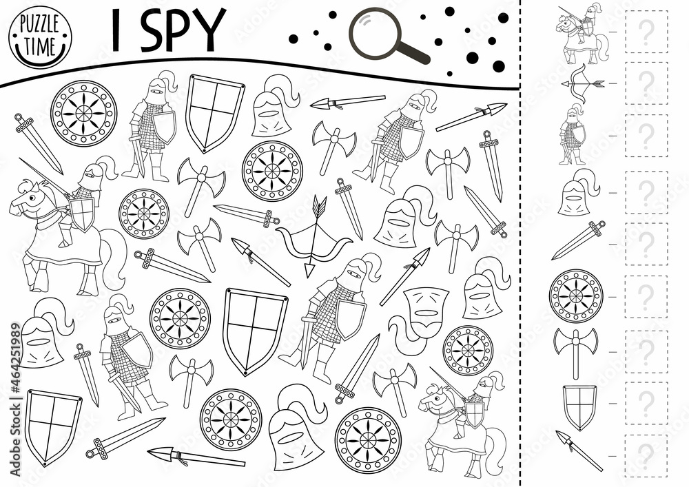 Black and white fairytale fantasy I spy game for kids with knight armor ...