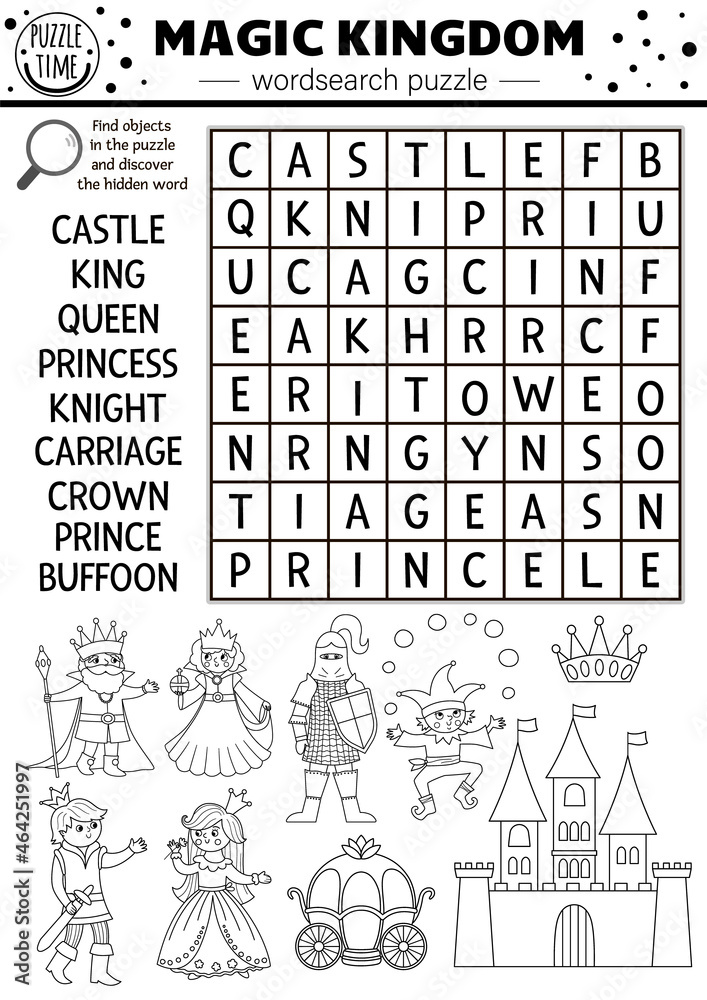 Vector fairytale black and white wordsearch puzzle for kids. Magic ...