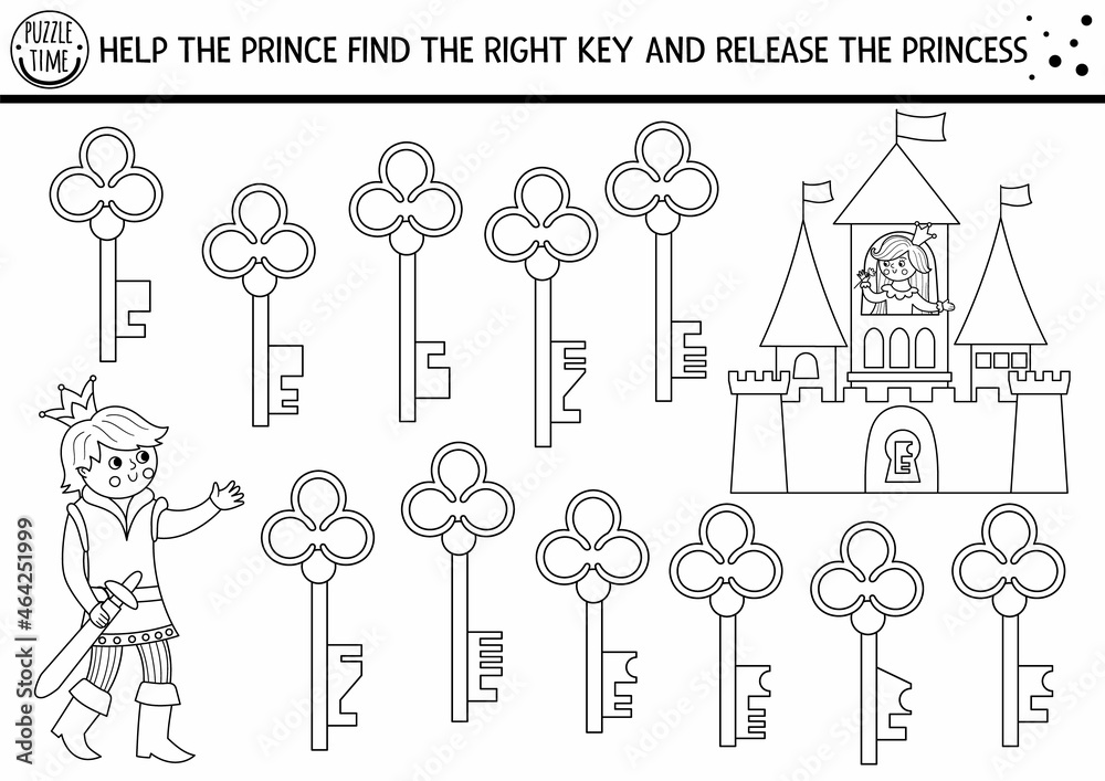 Find the right key to release princess. Fairytale black and white ...