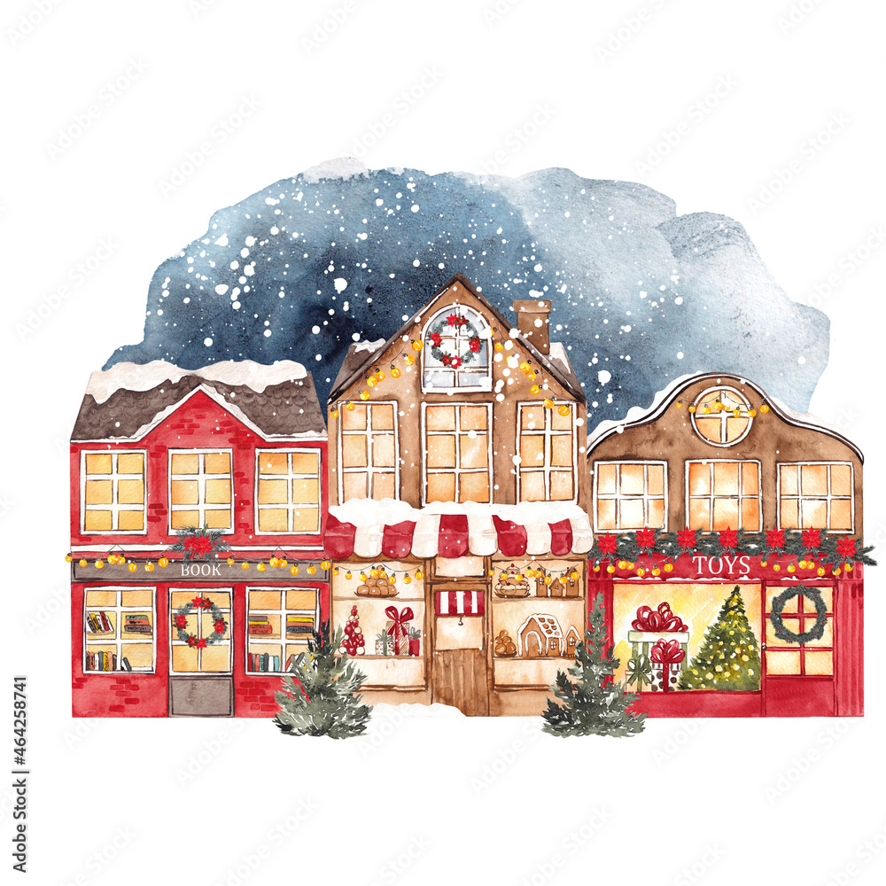 Watercolor Christmas illustration with house and Christmas tree ...