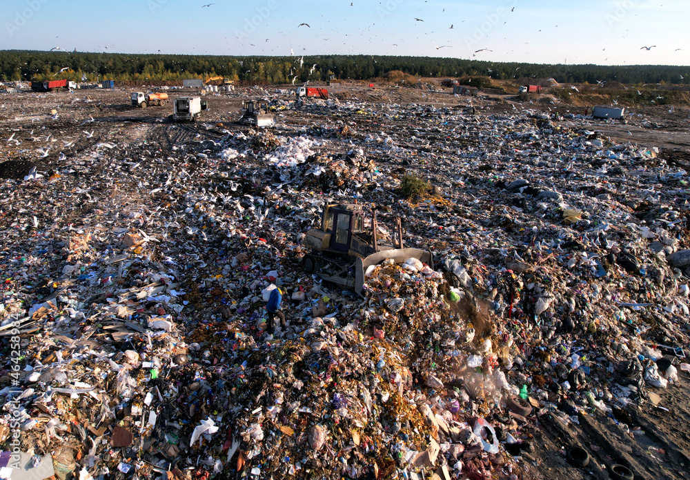 Garbage dump with waste plastic, polyethylene and food waste. Trash ...