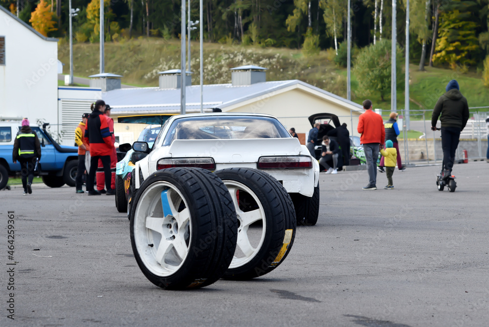 Tires of race car for driving. Drag and drift car with lower-profile ...