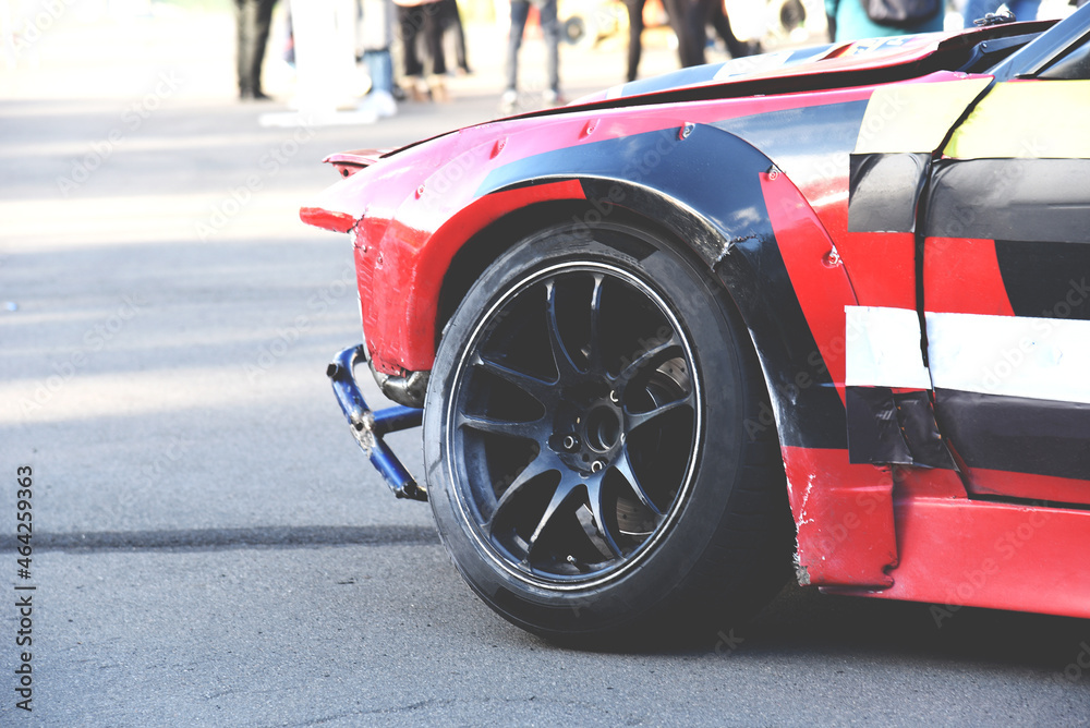 Tires of race car for driving. Drag and drift car with lower-profile ...