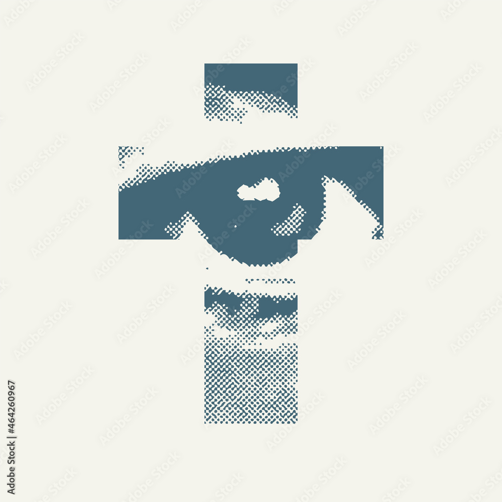Abstract square banner with a cross and a human eye on an old paper ...