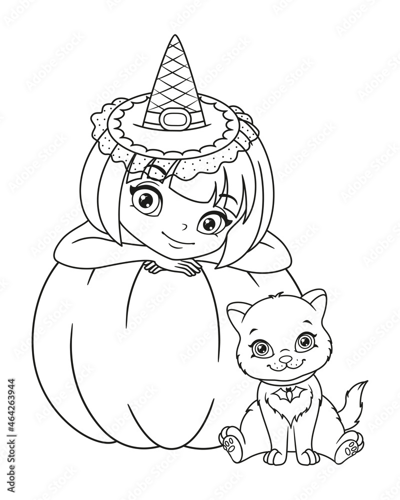 Little witch with kitten for Halloween coloring page. Black and white ...