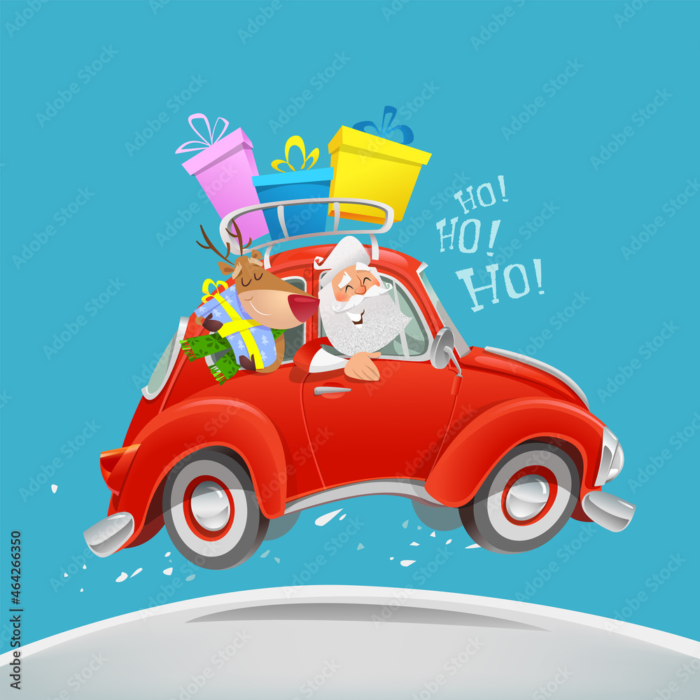 Cartoon Santa Claus with funny reindeer ride by Christmas car with gift ...