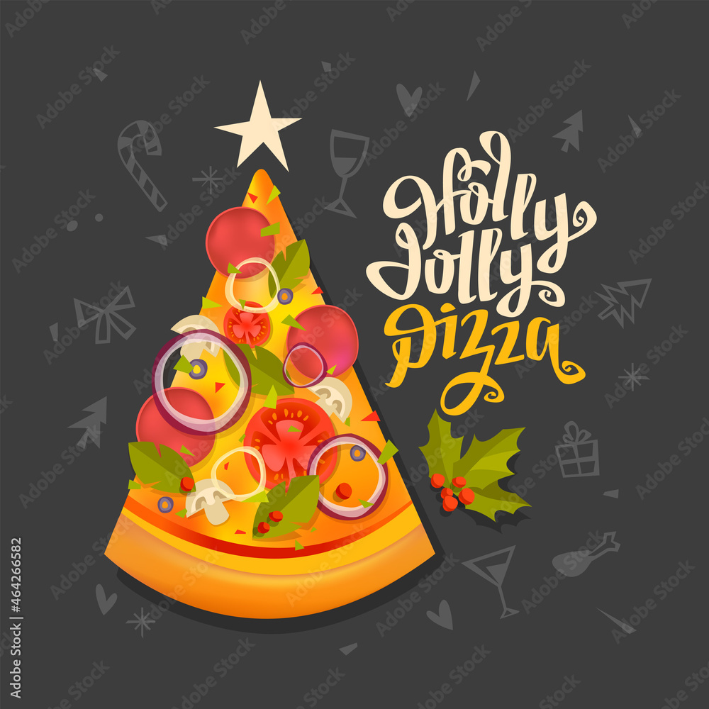 Cartoon Christmas Pizza slice with Holly Jolly lettering design ...
