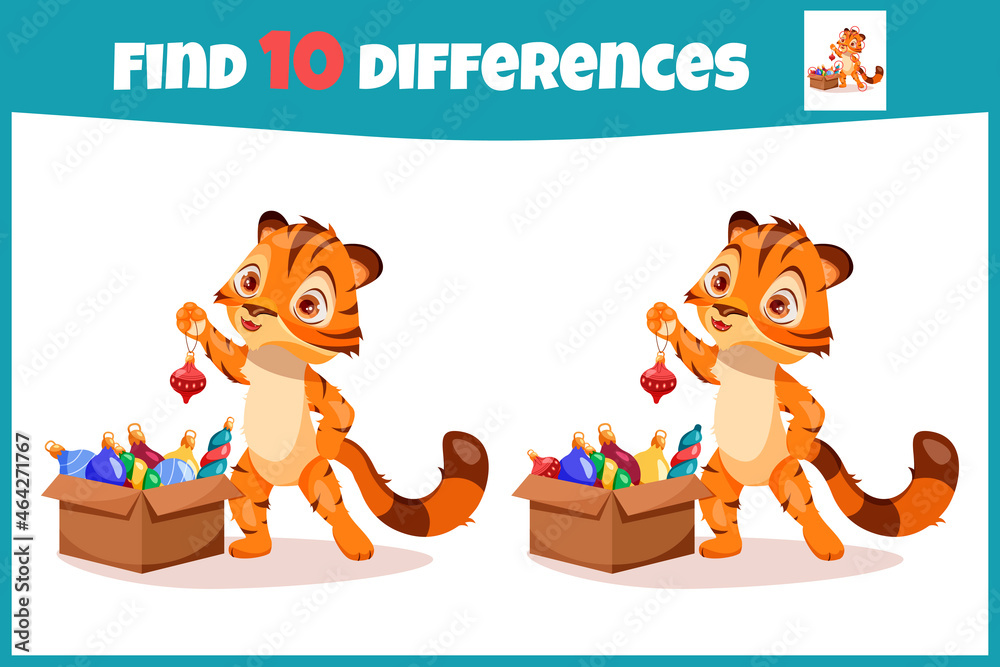 Find the differences. Educational game for children. Cute little tiger ...