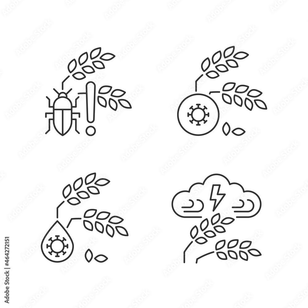 Crop loss reasons linear icons set. Pests danger. Crop diseases ...