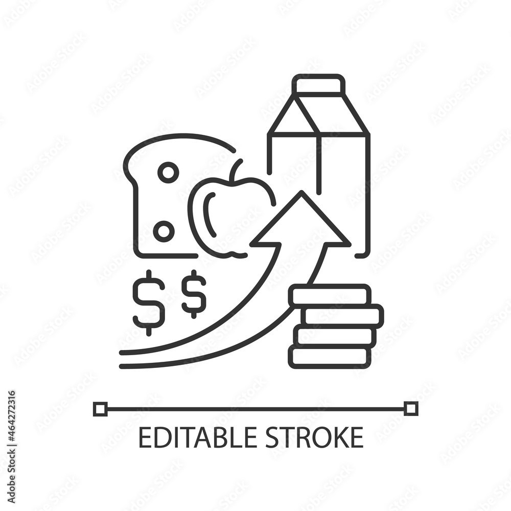 Increasing food prices linear icon. Price inflation. Food insecurity ...