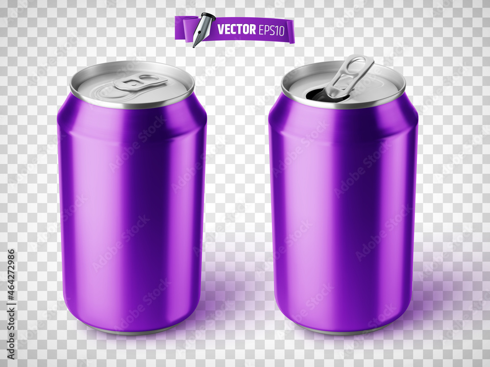 Vector realistic illustration of purple soda cans on a transparent ...