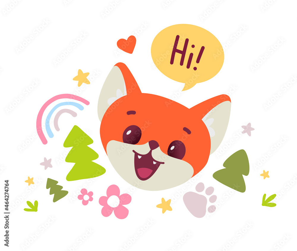 Vector illustration of muzzle of happy red fox character with bubble ...