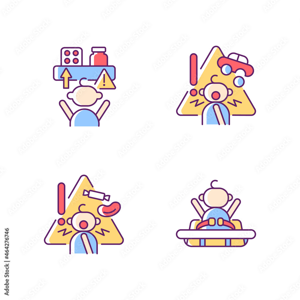 Poisoning and suffocation prevention RGB color icons set. Choking ...
