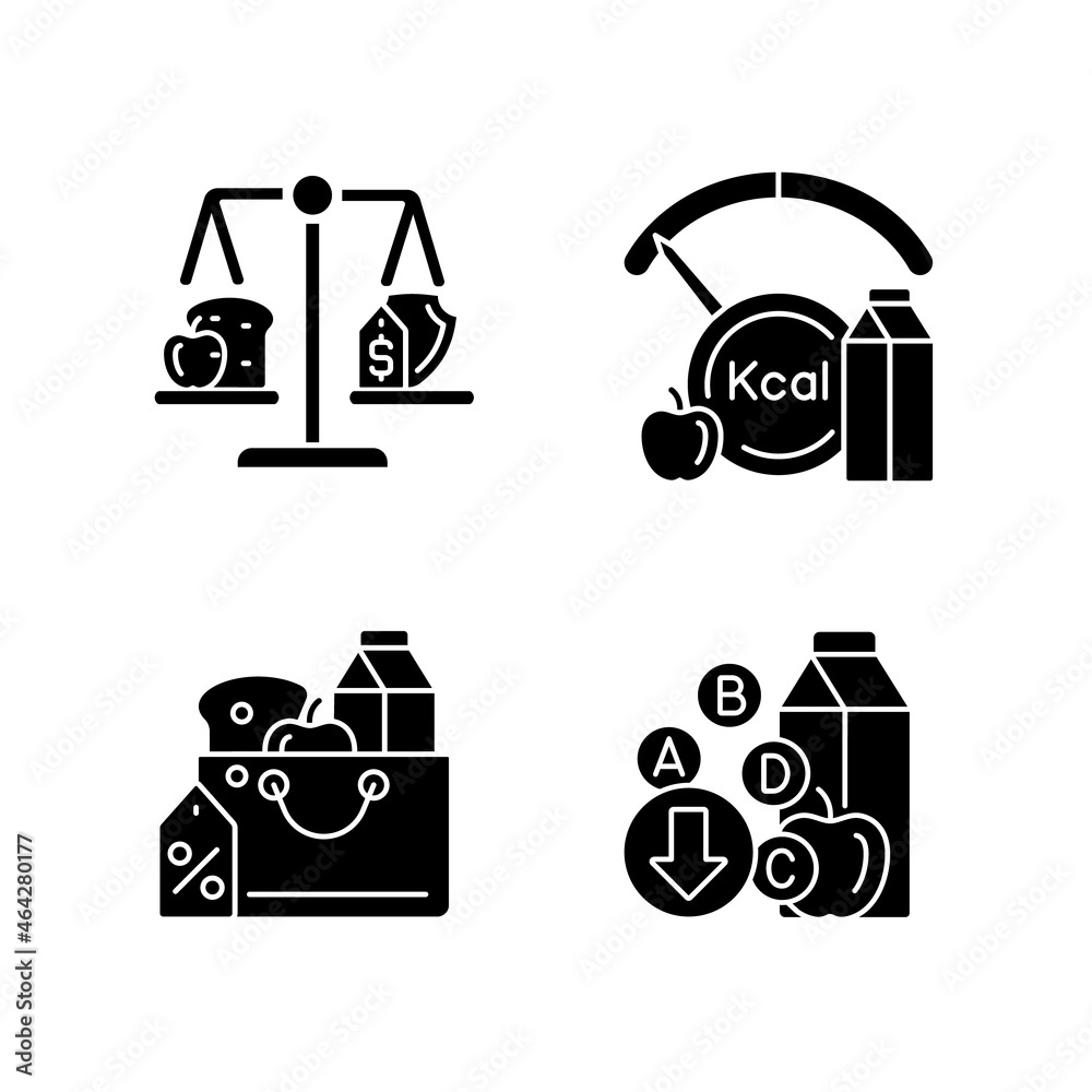 Insufficient food consumption black glyph icons set on white space ...