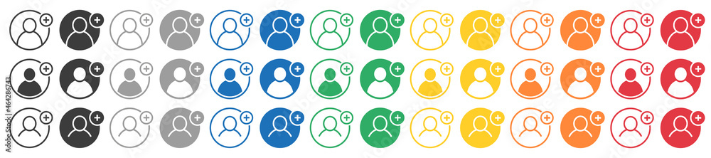 Set of add user icons. Person profile avatar with plus, follower user ...