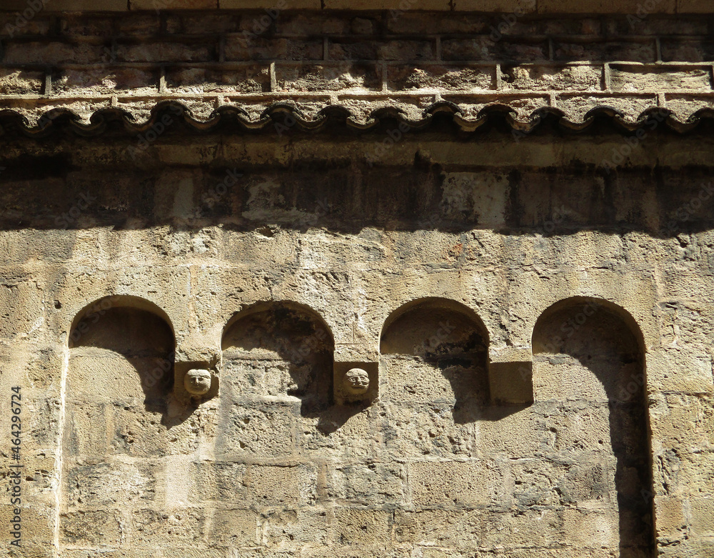 Romanesque Chapel of Marcús in Barcelona. Wall detail with decoration ...