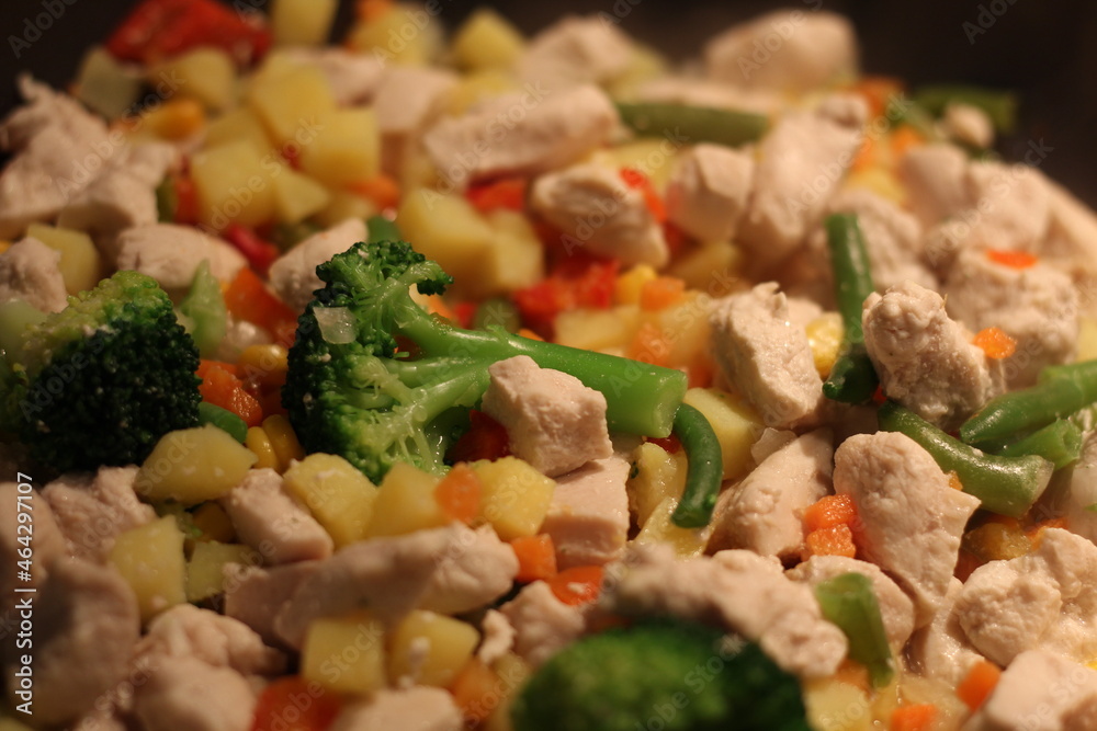 Prepare pilaf in a large frying pan. A dish of rice and pieces of ...