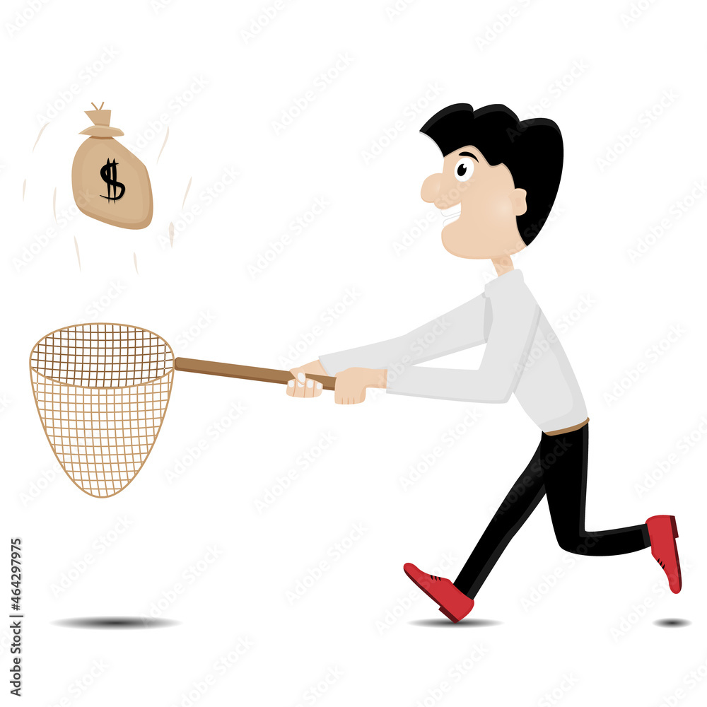 cartoon man running chasing money with basket Stock Vector | Adobe Stock