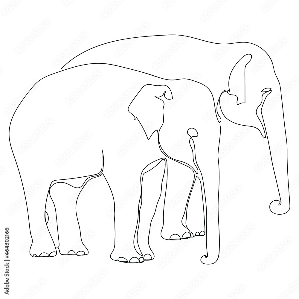 Continuous one line drawing of elephant, Vector illustration line art ...