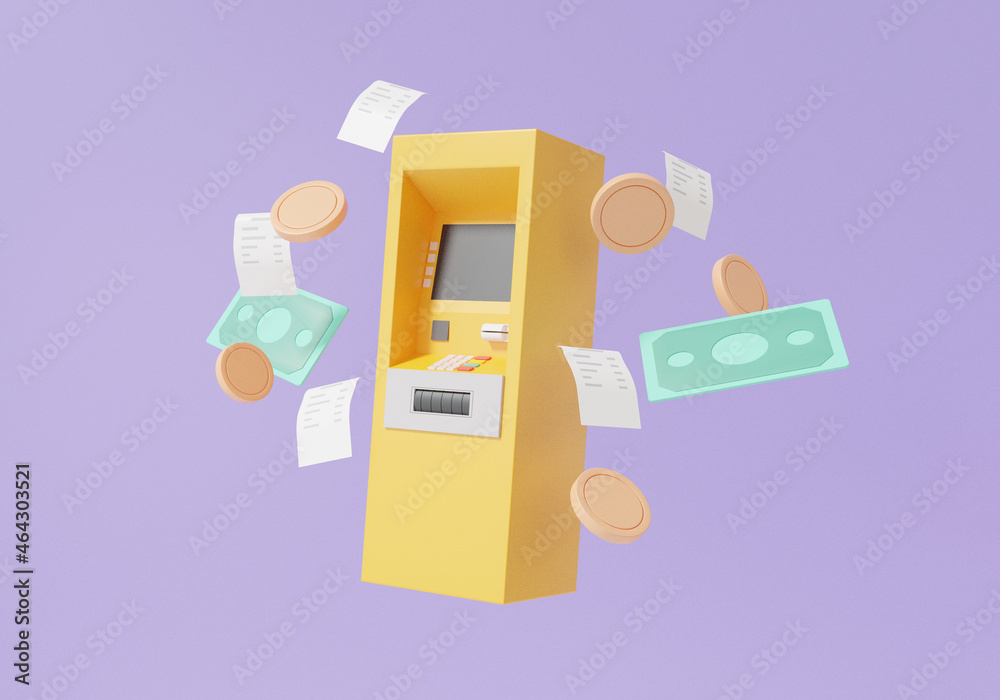 Yellow atm automatic deposit machine floating on purple background ...