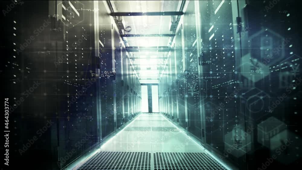 data servers behind glass panels in the server room of the data center ...