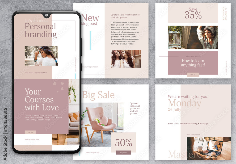 Coach & Courses Social Media Posts with Beige Accents Stock Template ...