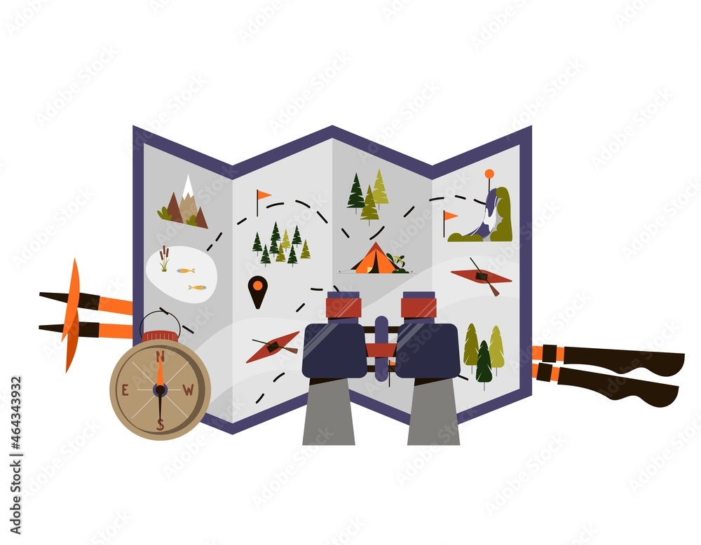 Set with hiking and camping map, binoculars, trekking poles and compass ...