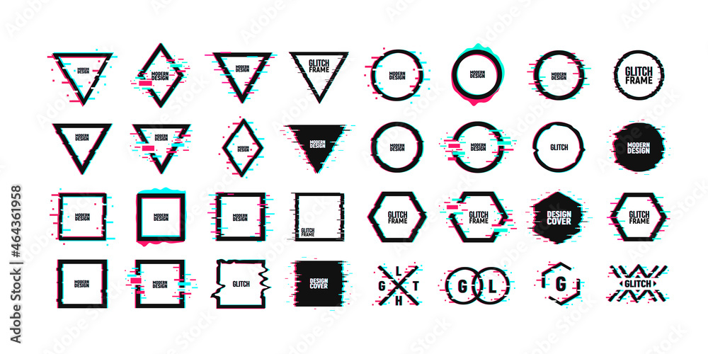 Set of Frames with distorted glitch effect. Geometric shapes in ...