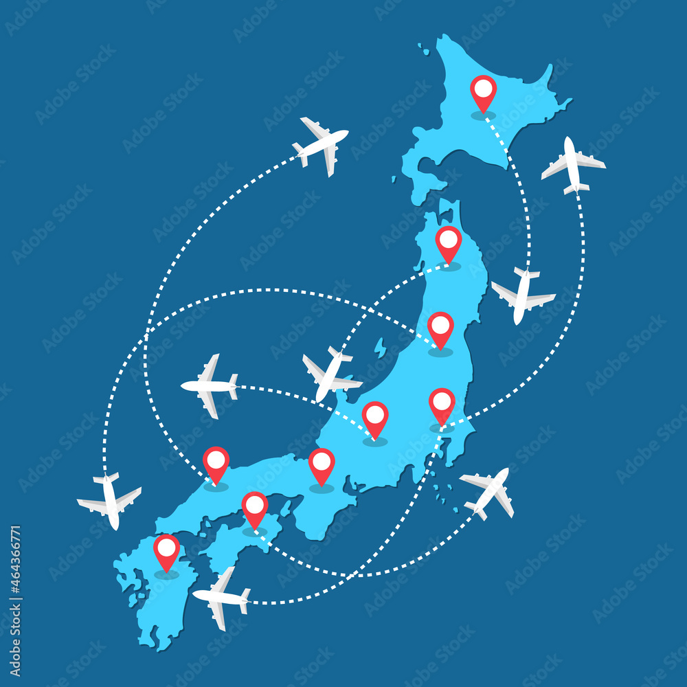 Planes routes flying over Japan map, tourism and travel concept ...