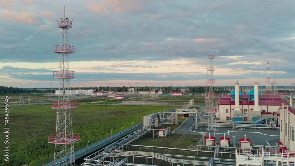 The drone flies over a plant for the production of electricity produced ...