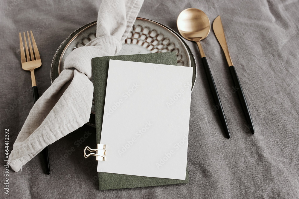 card mockup on table place setting neutral gray color linen tablecloth ...