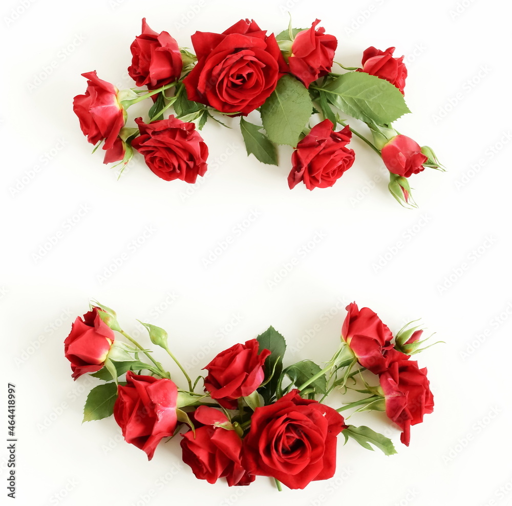 Red roses frame isolated on white background with copy space. Selective ...