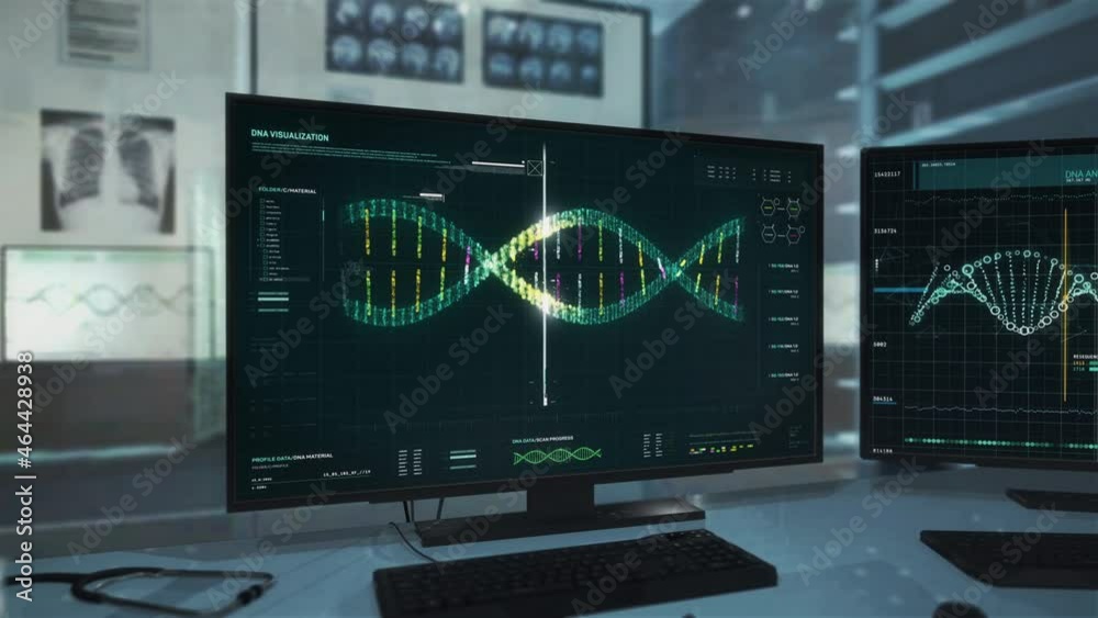 Futuristic genetic research technology is shown on a computer screen ...