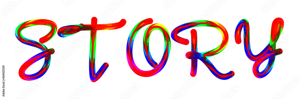 Story - text written with colorful custom font on white background ...