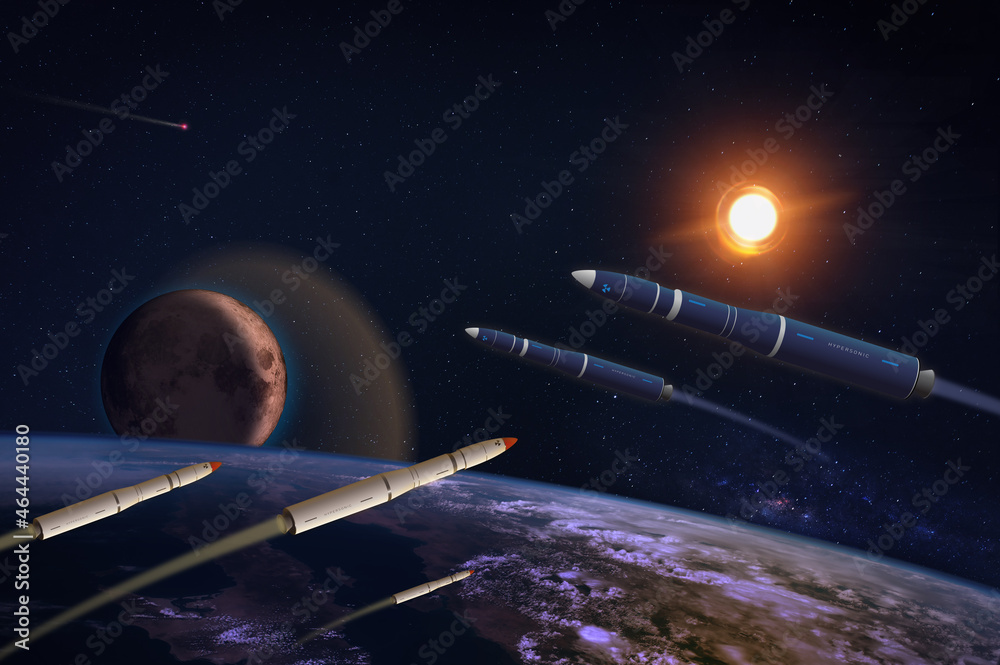 Hypersonic missiles or rockets over the apocalyptic Earth. A comet runs ...