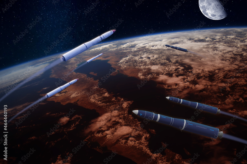 Hypersonic missiles or rockets over the apocalyptic Earth. A comet runs ...