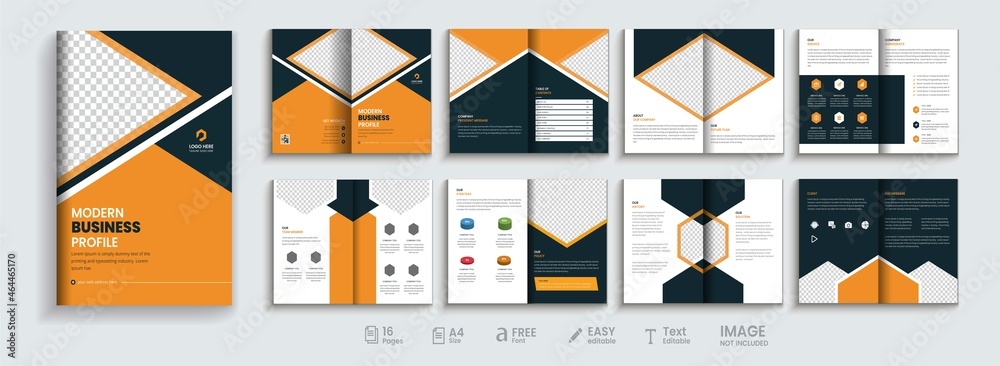 16 pages business brochure, modern yellow and dark color combination bi ...