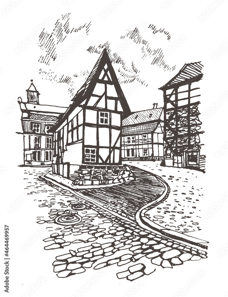 Travel sketch of Quedlinburg, Germany. Hand drawing of old town ...